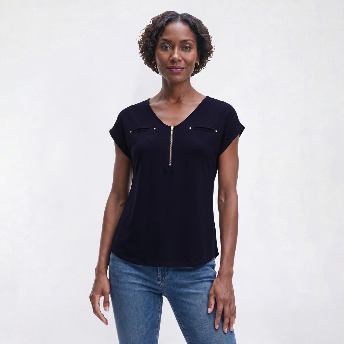 Click here for Womens 89th & Madison Short Sleeve Zipper Front V... prices